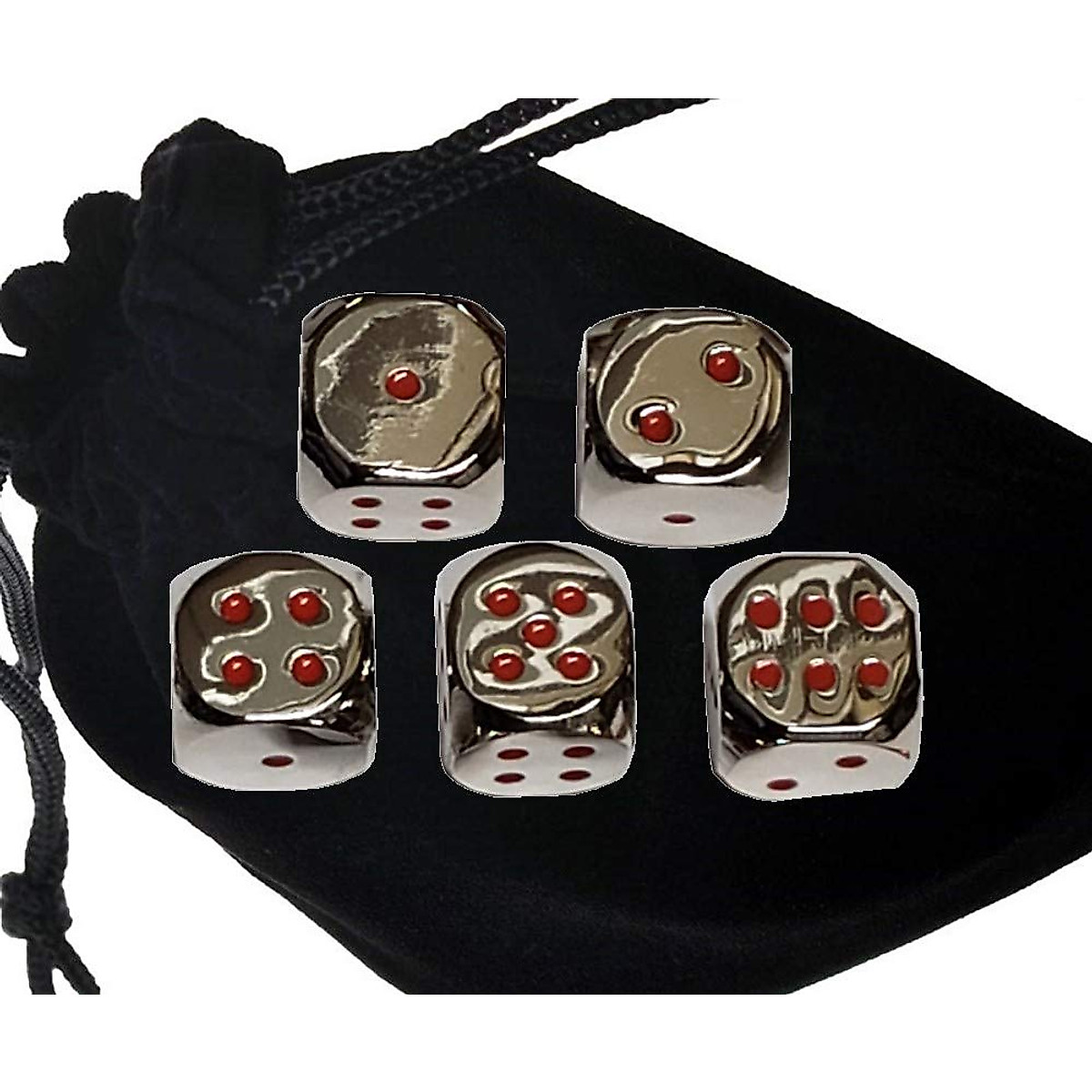 Cyber-Deals Set of Dice Cup Black PU Leather w/Plush Black Felt Lined + 16mm Zinc Alloy Metal Dice, Gift Boxed (Nickel, Red)