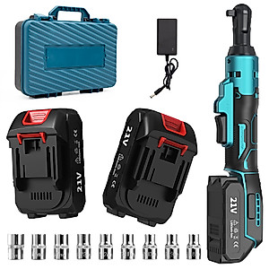 Housiwill 21V 3/8" Cordless Ratchet Wrench Set , Electric Ratchet Wrench Set with 2*2000mAh Li-ion Batteries + 1*2A Charger + 9*Bolt Sockets , 60 ft-lbs 450 RPM Cordless Electric Ratchet Wrench Set.