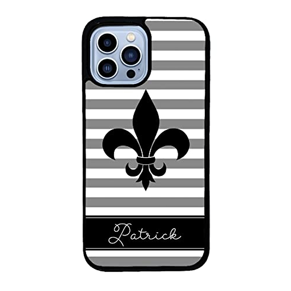 Fleur De Lis Black and White Personalized Apple iPhone Black Rubber Phone Case Compatible with iPhone 14 Pro Max, Pro, Max, iPhone 13 Pro Max Mini, 12 Pro Max Mini, 11 Pro Max X XS Max XR 8 7 Plus