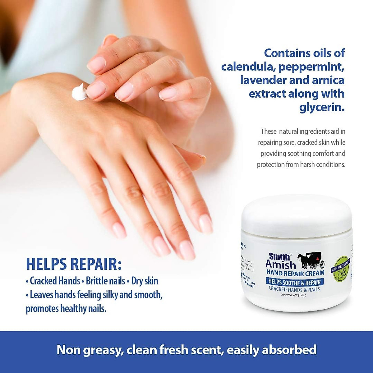 Smith Amish Hand Repair Cream 4.5 oz jar Plus Organic Peppermint Lip Balm.