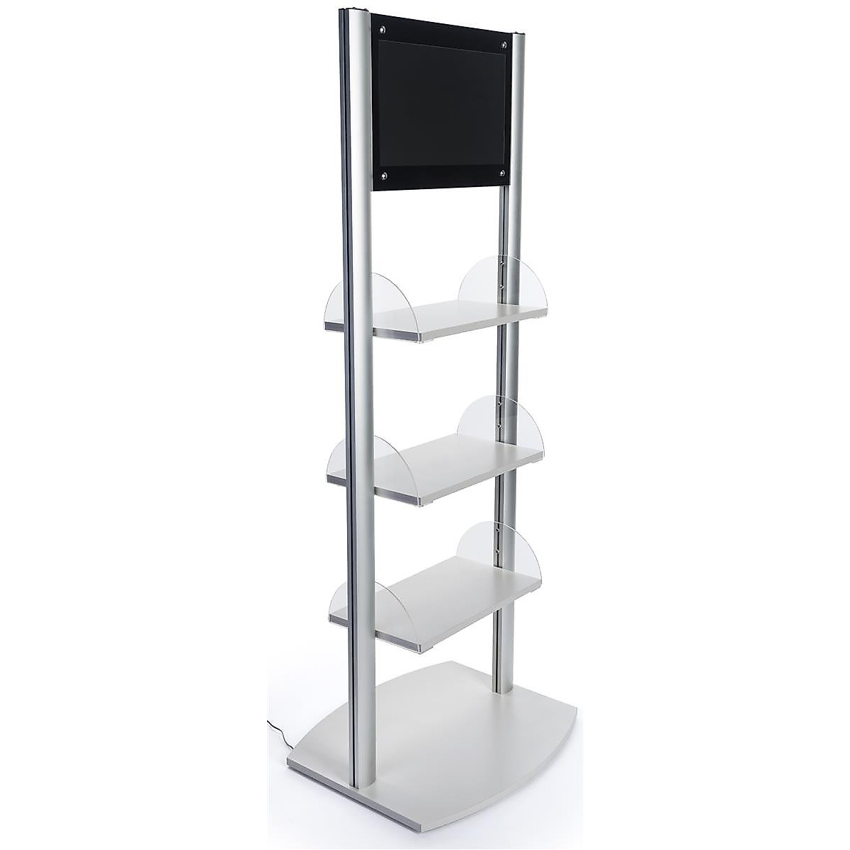 Displays2go 73.25”h Aluminum Tiered Digital Display with 3 Adjustable Shelves and 21.5” LCD Screen – Silver (DRS21SV)