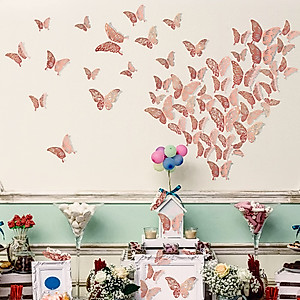 Creative 60PCS Hollow Butterfly Wall Decals 5 Style 3D Butterflies Stickers DIY Removable PVC Refraction Shiny Gold Home Decor for Kids Girl Bedroom Living Room Nursery Playroom Decoration (Rose Gold)