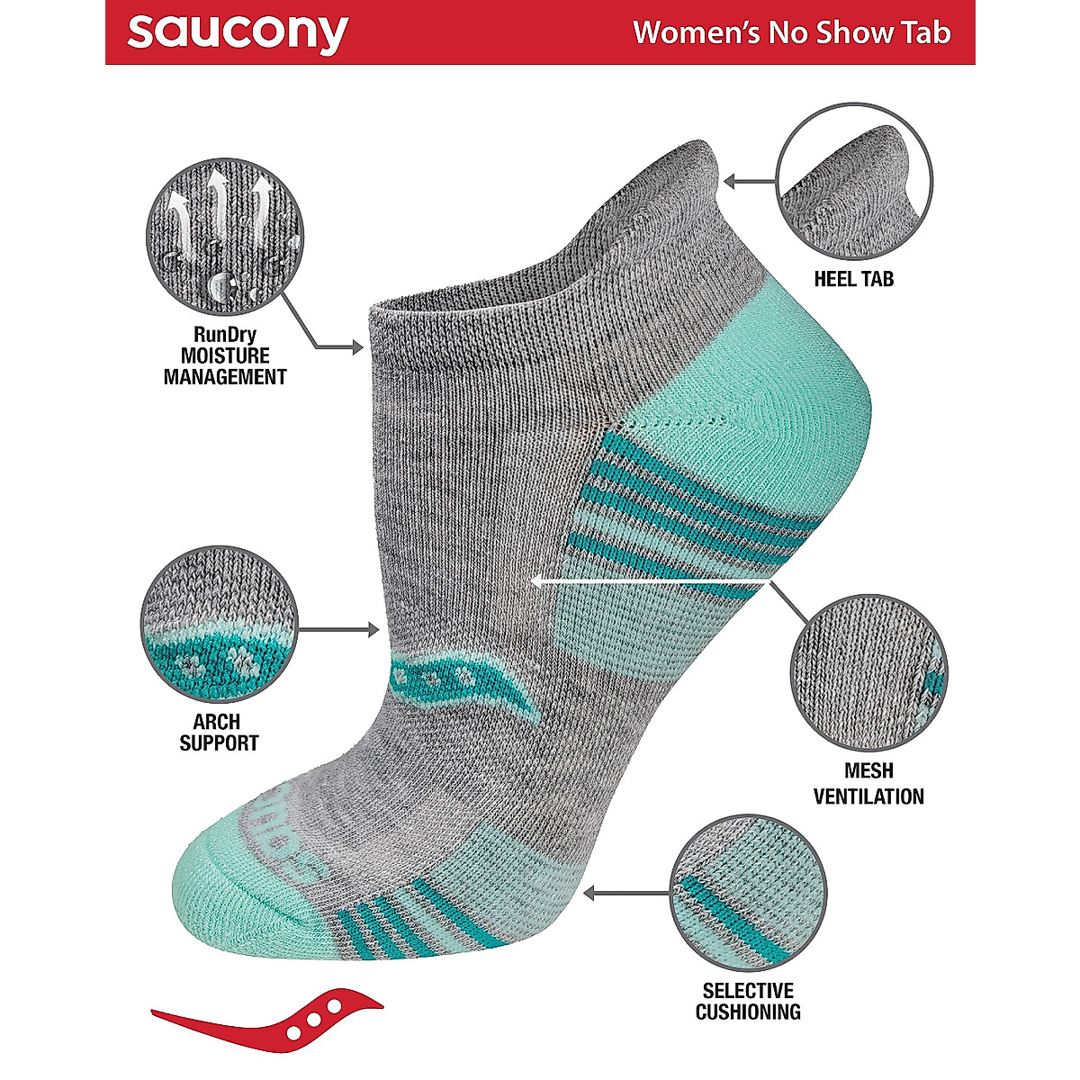 Saucony Women's RunDry Performance Heel Tab Athletic Socks, Available in S-L (8, 24, Grey Assorted (16 Pairs), Medium
