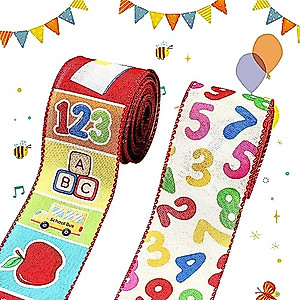 Threetols 2 Rolls 10 Yards Back to School Wired Edge Ribbon, 2.5inch Colorful Number Burlap Ribbon, Apple Book Gift Wrapping Ribbon for First Day of School Party DIY Craft Teacher Wreaths Bow Decor
