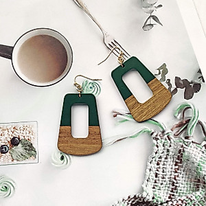 COIRIS Natural Wood Resin Spliced Hoop Dangle Green Earrings for Women(ER1181-Rectangle Green)
