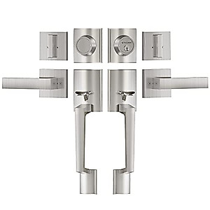 TICONN Double Front Door Handle Set, Heavy Duty Square Door Lever and Single Cylinder Deadbolt Combo for Side by Side Entrance Exterior Doors (Satin Nickel)
