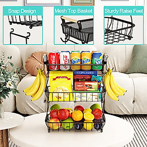3 Tier Fruit Basket Bowl with 2 Banana Hangers for Kitchen Counter, Vegetable Countertop Produce Storage Holder, Large Capacity Metal Wire Fruits Stand Organizer for Onion Potato Bread Snack, Black