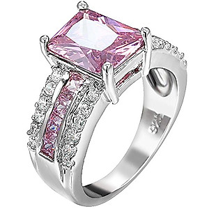 XAHH Womens Platinum Plated Pink Solitaire CZ Crystal Square Cut Ring Engagement Wedding Band 8