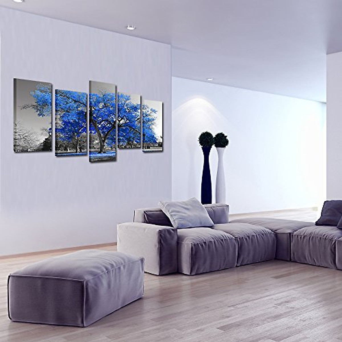 Kreative Arts Canvas Print Wall Art Painting Contemporary Blue Tree In Black And White Style Fall Landscape Picture Modern Giclee Stretched And Framed Artwork (Large Size 60x32inch)