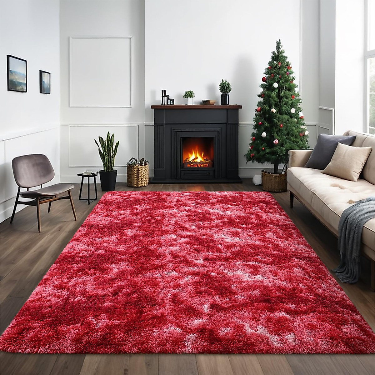 Larhom Fluffy Shag Area Rug, 4x6 ft Burgundy Red Tie-Dyed Shaggy Fuzzy Carpets for Living Room, Ultra Soft Plush Rugs for Bedroom, Girls Kids Room, Nursery Dorm Home Decor, Non-Slip