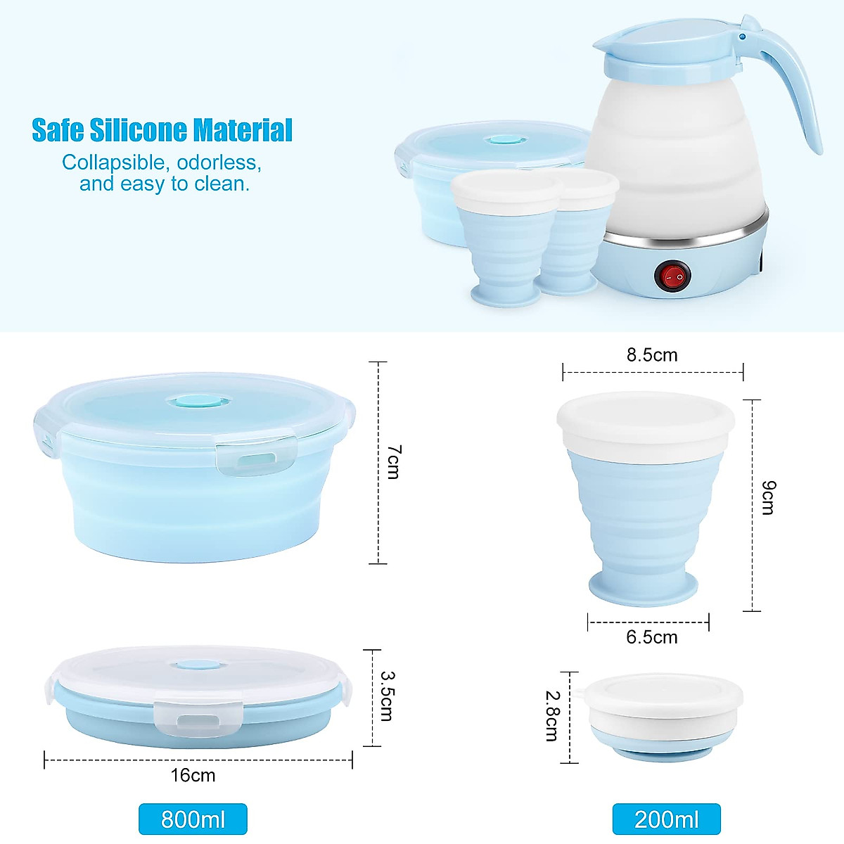 Travel Foldable Electric Kettle, Collapsible Portable Kettle for Fast Water Boiling Tea Coffee, with 1 Collapsible Bowl and 2 Collapsible Cups, Food Grade Silicon, 600ML 110V