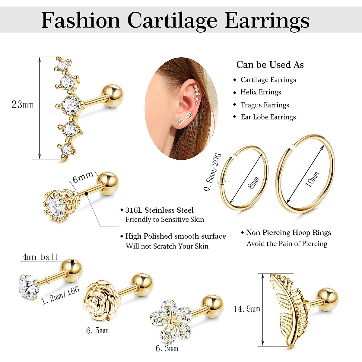 SAILIMUE 16Pcs 16G Studs for Women Surgical Stainless Steel Helix Tragus Couch Hoop Piercing Earrings Set Opal Shiny CZ Cartilage Earrings Silver/Gold/Rose Gold Tone