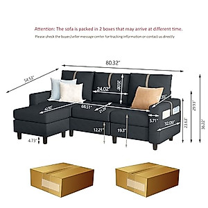 Pingliang Home 80" Sectional Sofas for Living Room, 3 Seat L Shaped Couch with Reversible Ottoman, Modern Linen Fabric Small Sectional Couch for Apartment Small Space, Dark Grey