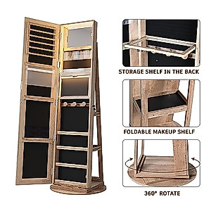 FOMNEY 360° Swivel Jewelry Armoire with Mirror, 63" H Full Length Mirror with Storage, Standing Mirror Jewelry Cabinet has LED Lights, Standing Jewelry Organizer/Makeup Shelf for Bedroom (Wood)