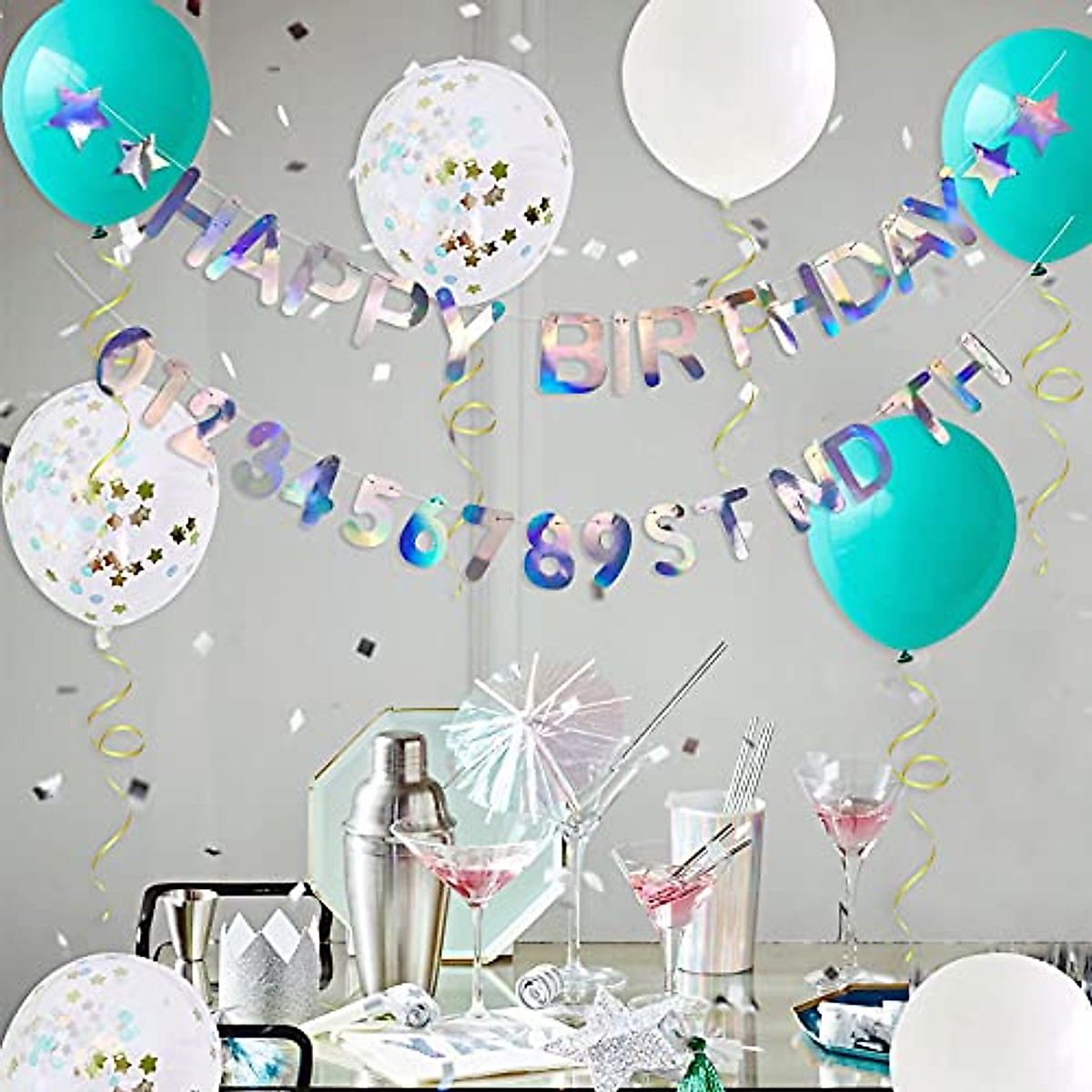 Iridescent Birthday Party Decoration Kit Holographic Hanging Happy Birthday Banners Sign Garlands with 0-9 Number with Teal Balloons Confetti for Girl Boy Kids Men Women Iridescent Birthday Supplies