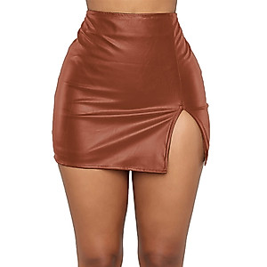 FEOYA Women Mini Faux Leather Skirt Zip Closure High Waisted Shape Vinyl Bodycon Latex Skirt Brown, Small