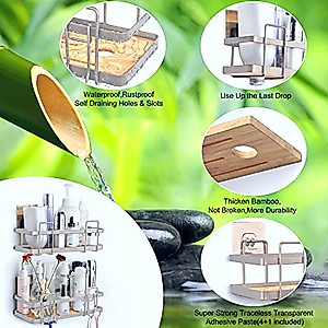 HOBYLIFE Self Adhesive Shower Shelves with Hooks, Wall Mounted Bamboo Shower Caddy, No Drilling Rustproof Bathroom Shower Organizer, 2 Pack- Silver