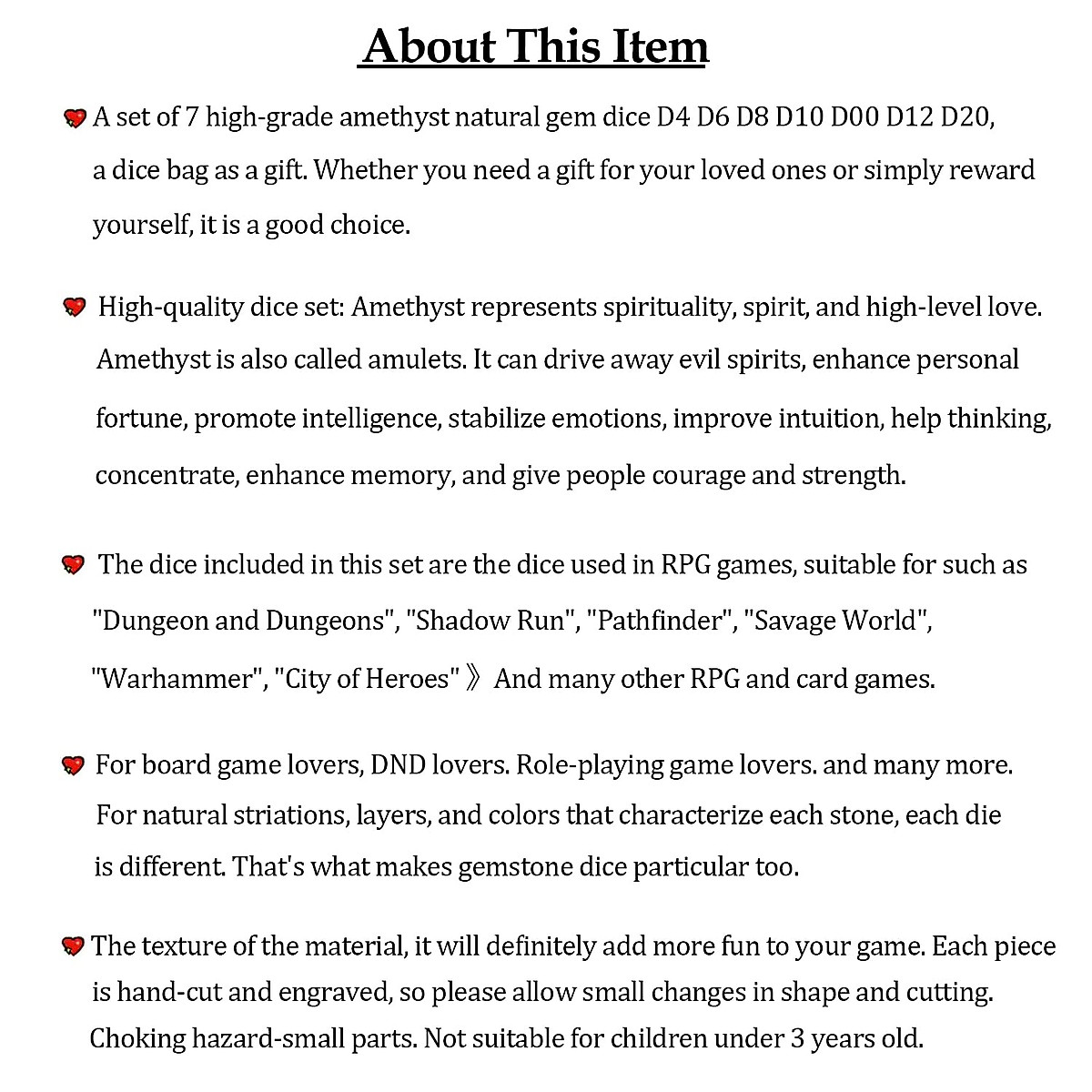 TAMYUN 7 Pieces DND Dice Set Amethyst Natural Gemstone Dice D4 D6 D8 D10 D00 D12 D20 and Dice Bag RPG Polyhedral Dungeons and Dragons Dice Toys