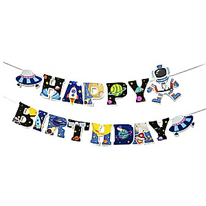 Kids Space Birthday Party banner Blue Astronaut Spaceship Theme Happy Birthday Banner Hanging Solar System Astronaut Space Theme Birthday Party Banner