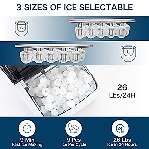 Ice Maker Machine for Countertop with Automatic Self-Cleaning, 9 Bullet Ice Cube Ready in 7-9 Minutes, 26Lbs/24H Portable Ice Makers with LCD, S/M/L Ice Size with Scoop and Basket for Home/Bar/Office