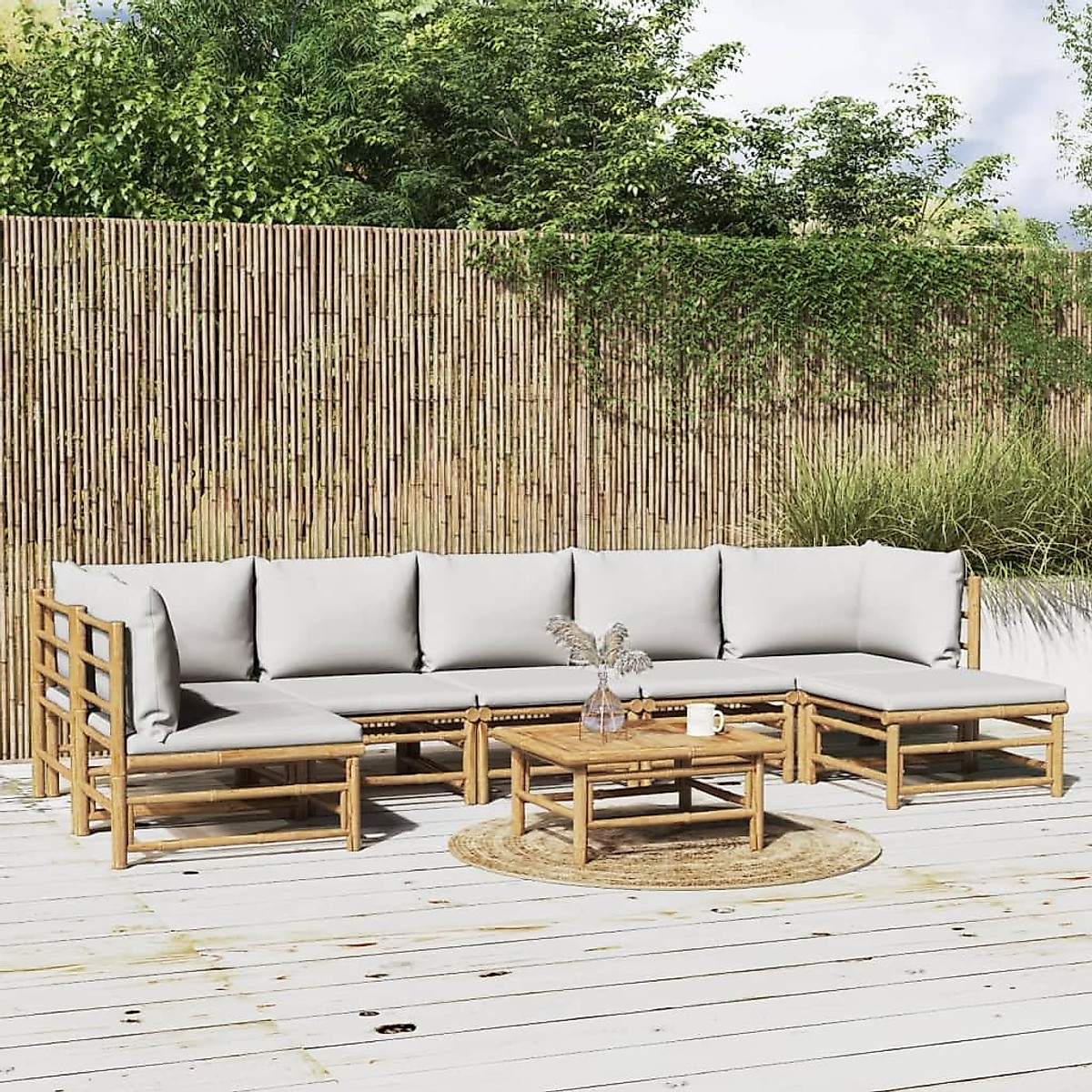 vidaXL 8-Piece Bamboo Outdoor Patio Lounge Set with Light Gray Cushions - Modular Design, Comfortable Seat Experience, Practical Table