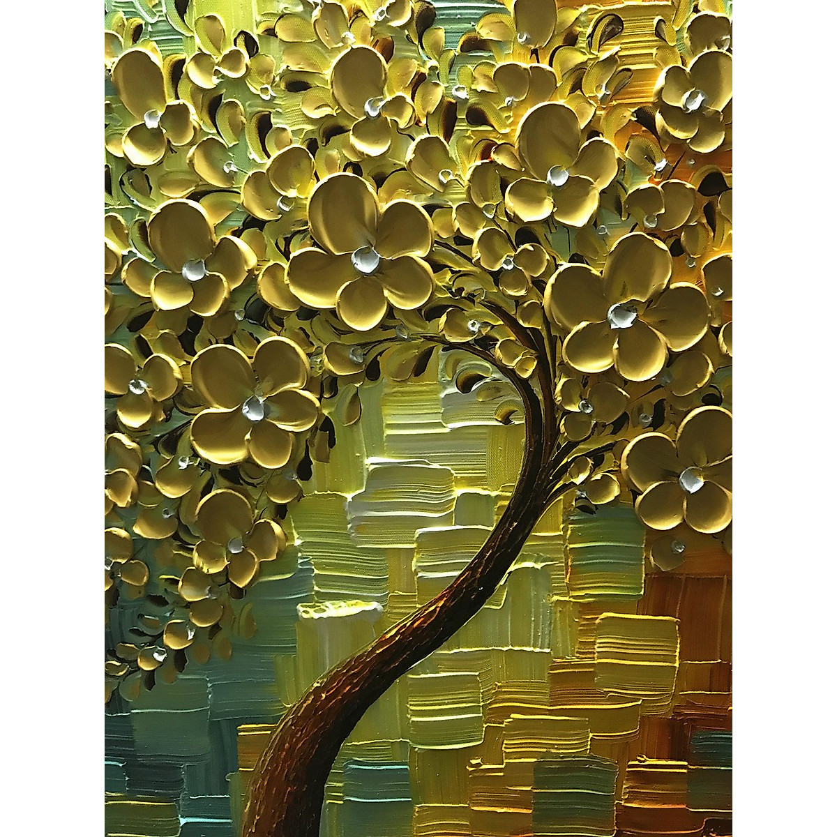 YaSheng Art - 3D Oil Paintings On Canvas Golden Flowers Tree Paintings Abstract Artwork Wall Art For living Room,Dinning Room Home Decor Framed Stretched Ready to Hang 24x24inch