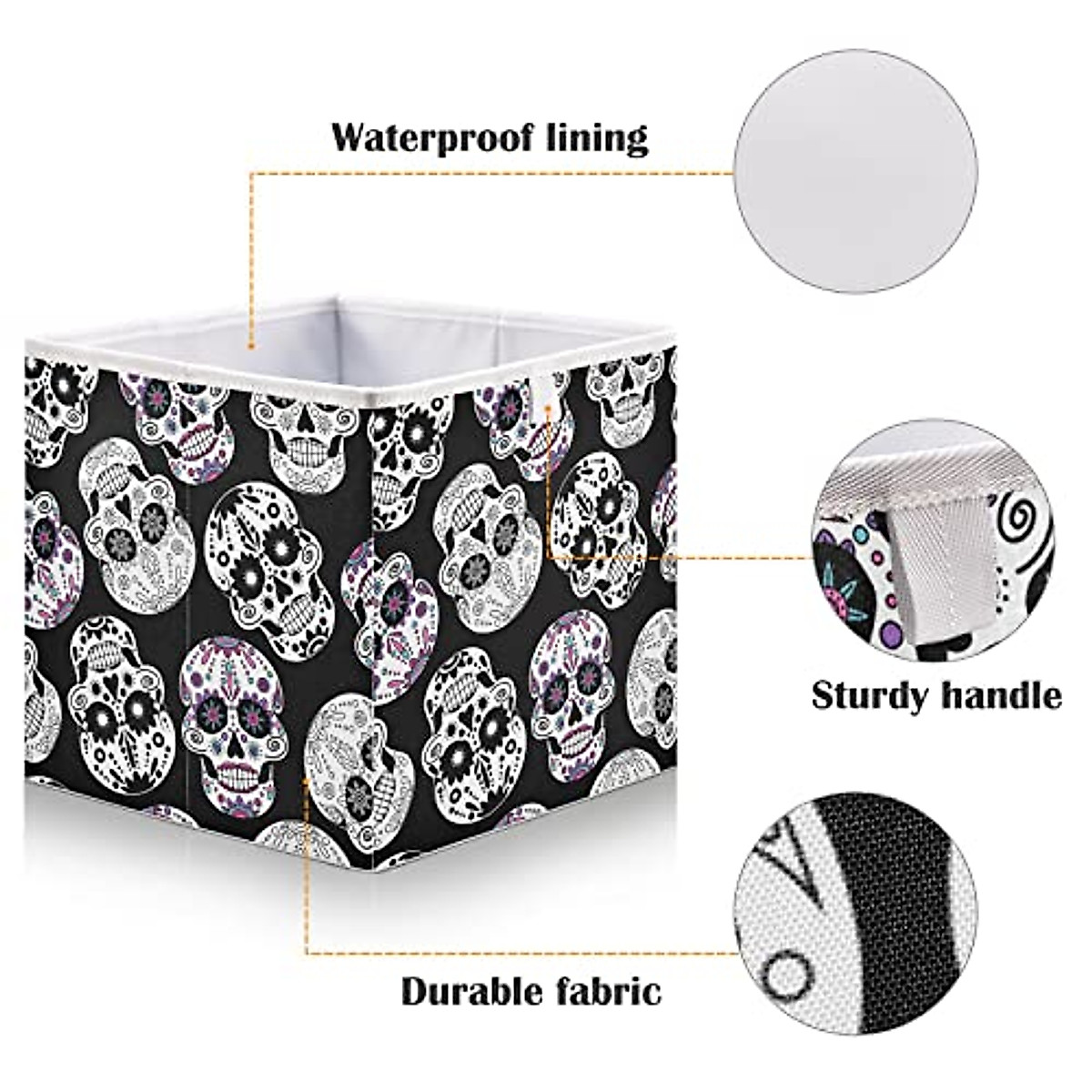 Sugar Skulls Flowers Storage Bins Cubes Storage Baskets Fabric Foldable Collapsible Decorative Storage Bag with Handles for Shelf Closet Bedroom Home Gift 11" x 11" x 11"
