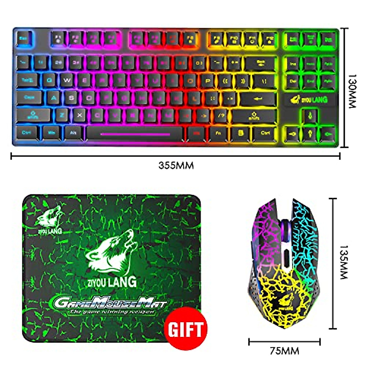Wireless Gaming Keyboard and Mouse Combo,Rainbow Backlit Rechargeable 3800mAh Battery,87 Keys Mechanical Feel Ergonomic Waterproof Keyboard,RGB Gaming Mute Mouse and Mousepad for PC Gamers (Black)