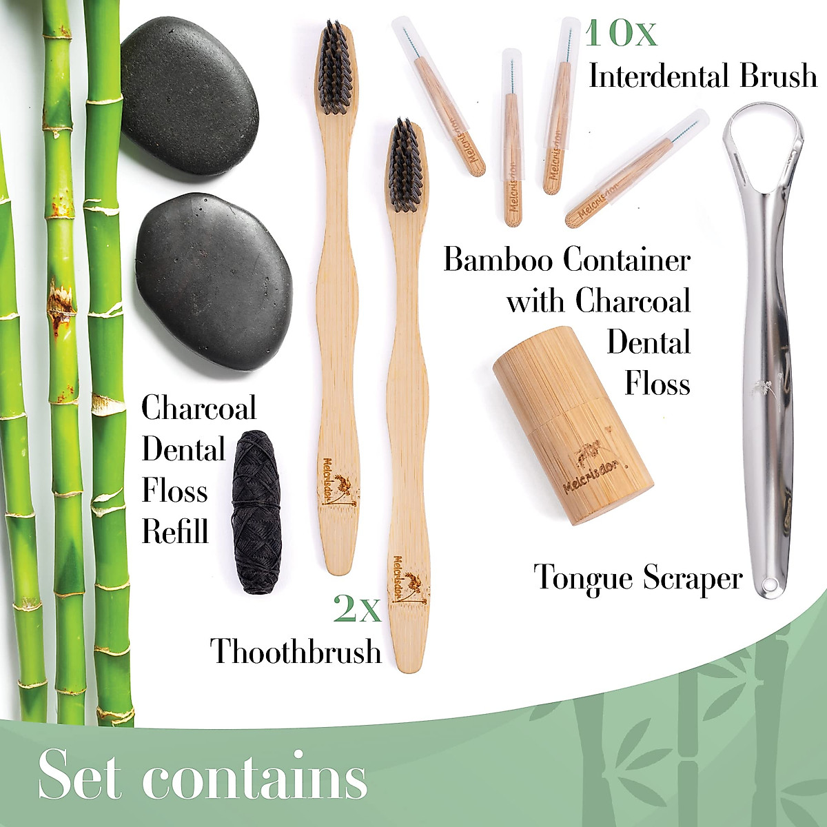 Bamboo Toothbrushes Set - Holder Charcoal Dental Floss,Interdental Brushes and Metal Tongue Scraper