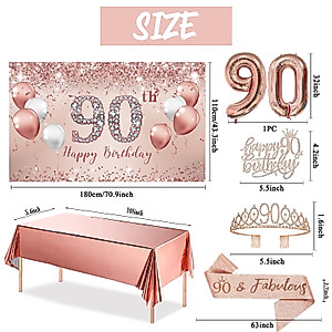 Trgowaul 90th Birthday Decorations Party Set for Women, Rose Gold 90 Birthday Banner and Tablecloth, 90 & Fabulous Sash and Tiara, 1PC Happy 90th Birthday Cake Topper, Pink Gold 90 Number Balloons