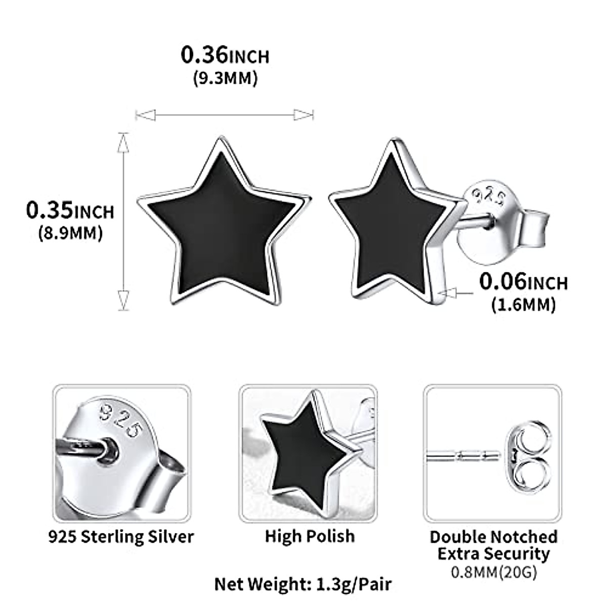 ChicSilver 9MM Simple Small Black Stud Earrings 925 Sterling Silver Star Earrings Hypoallergenic Black Earrings for Women Sensitive Ears