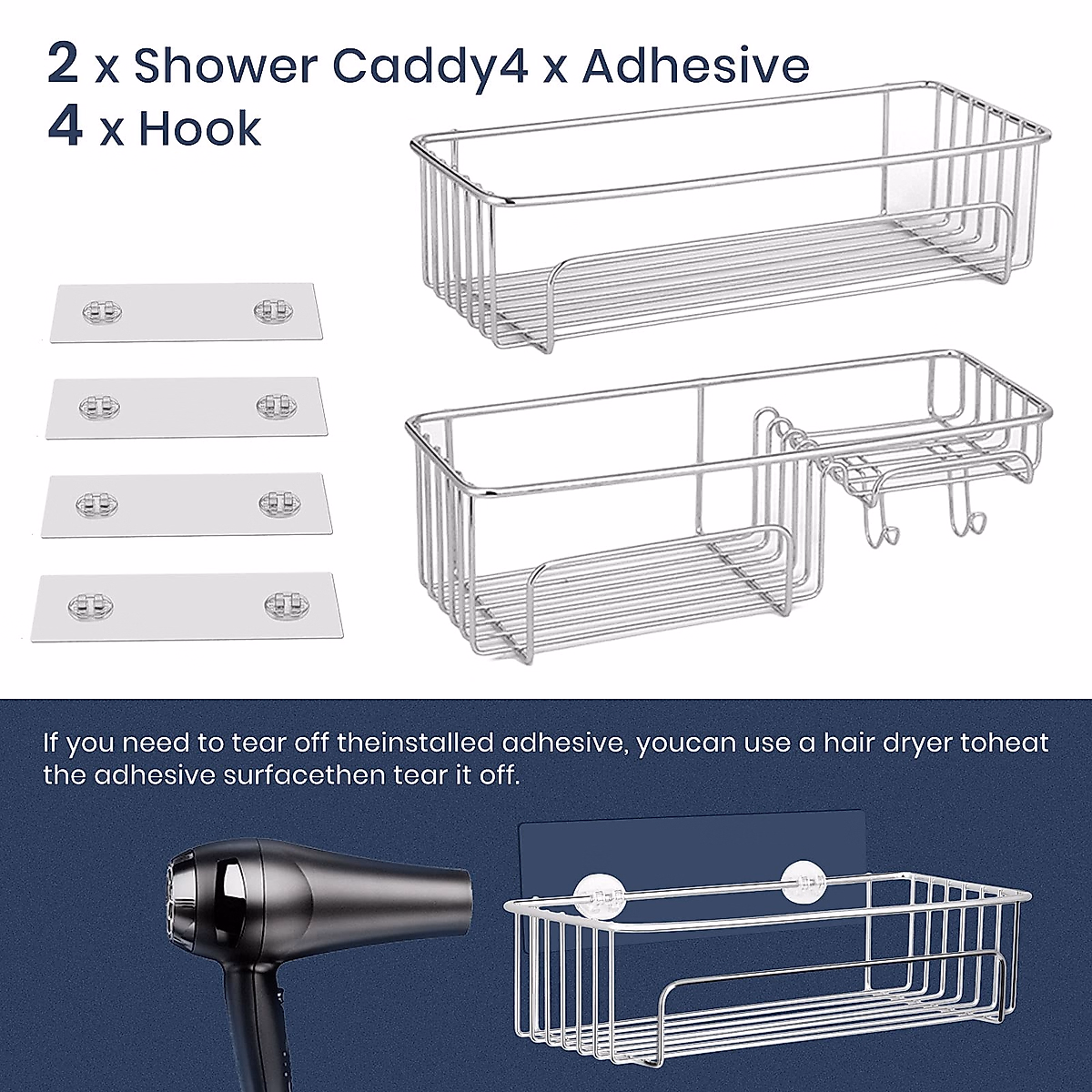 COSYLAND 2-Pack SUS304 Stainless Stee1 Adhesive Shower Caddy Hanging Basket Shelf, Rustproof Bathroom Shower Racks Bathroom Organizer in Shower (Chrome)