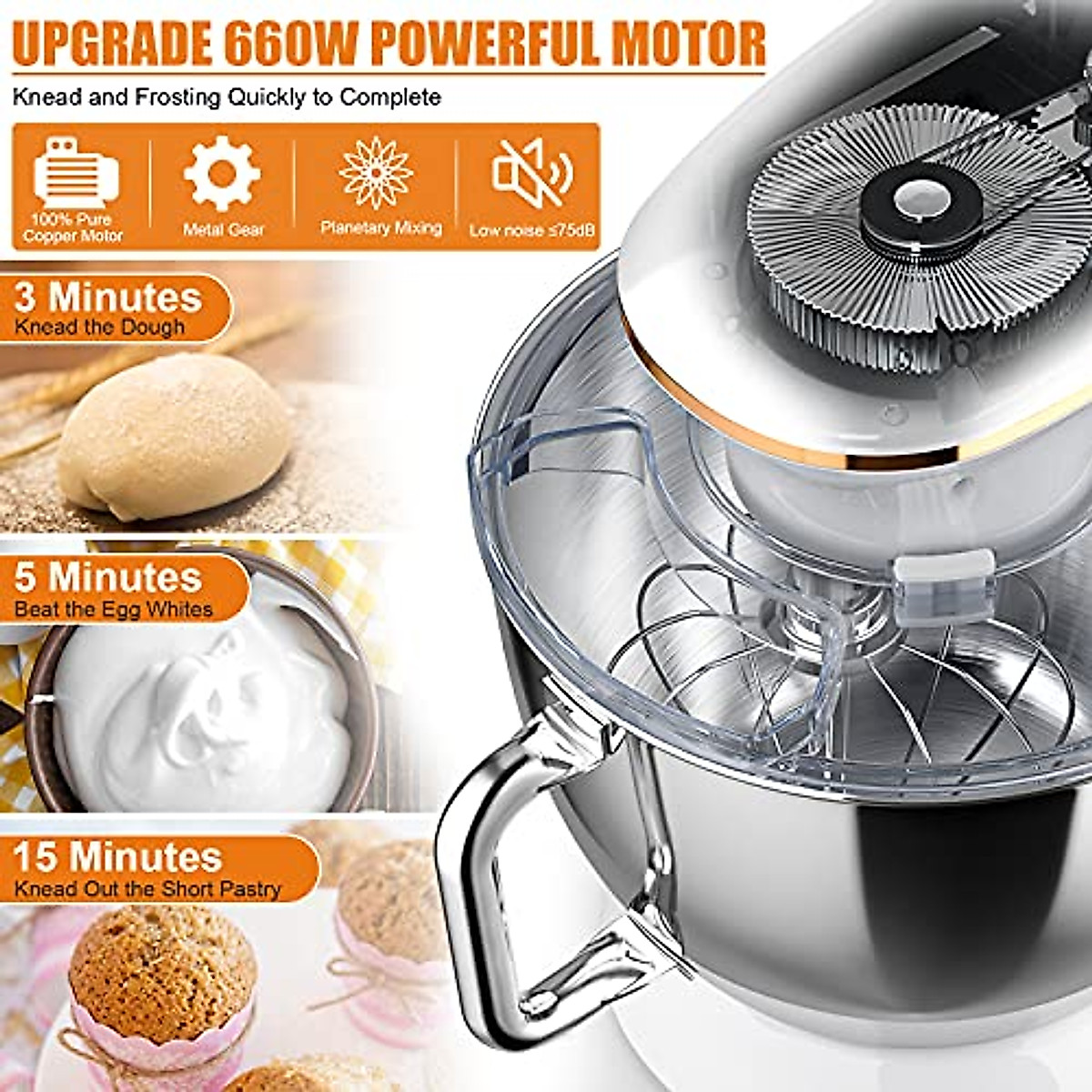 Stand Mixer, 8.5Qt Tilt-Head Food Mixer 660W 6+P Speed Kitchen Mixers Cwiim, with Dough Hook, Flat Beater, Whisk, Splash Guard, for Baking Bread Cake Cookie Pizza Salad Egg (White)