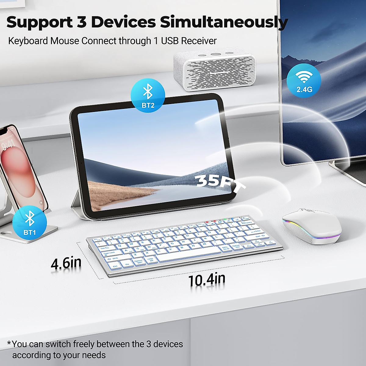 FENISIO Wireless Keyboard Mouse, Ultra Slim Bluetooth 2.4G Slient Wireless Keyboard and Mouse Combo with Backlit, Multi-Device USB Rechargeable Keyboard Mouse for Laptop PC Windows Desk (Silver White)