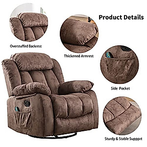 CANMOV Massage Rocker Recliner with Heat and Vibration, 360 Degree Swivel Manual Antiskid Fabric Single Sofa Heavy Duty Reclining Chair for Living Room, Dark Brown