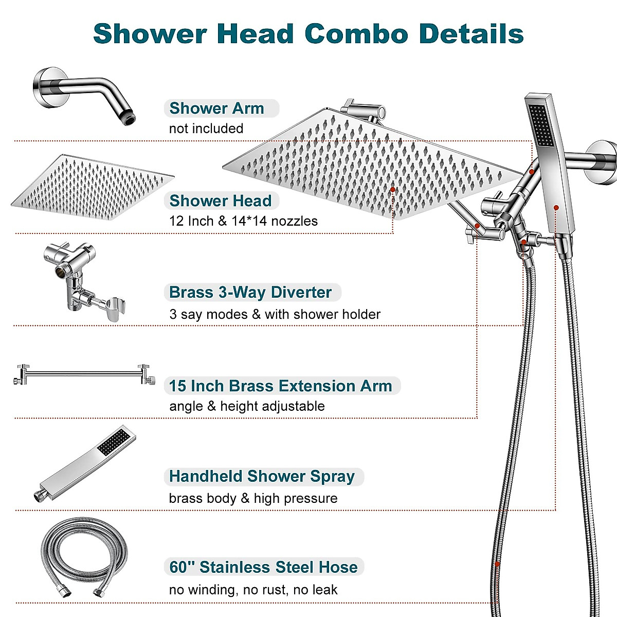 HotQing 12" Chrome Dual Square Shower Head, 15" Brass Adjustable Extension Arm, Rainfall Shower Head with Handheld, 3-Way Diverter with Holder, Teflon Tape Included