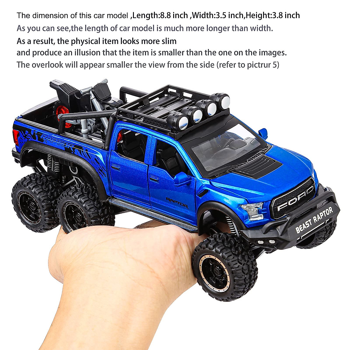 SASBSC Toy Pickup Trucks for Boys F150 Raptor Diecast Metal Model Car with Sound and Light for Kids Age 3 Year and up Blue