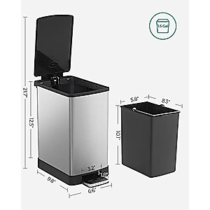 SONGMICS Bathroom Trash Can, 1.5 Gallon (5.7L) Garbage Can with 15 Trash Bags, Stainless Steel Step Bin, Removable Inner Bucket with a Metal Handle, Soft Closure, Silver and Black ULTB105E01