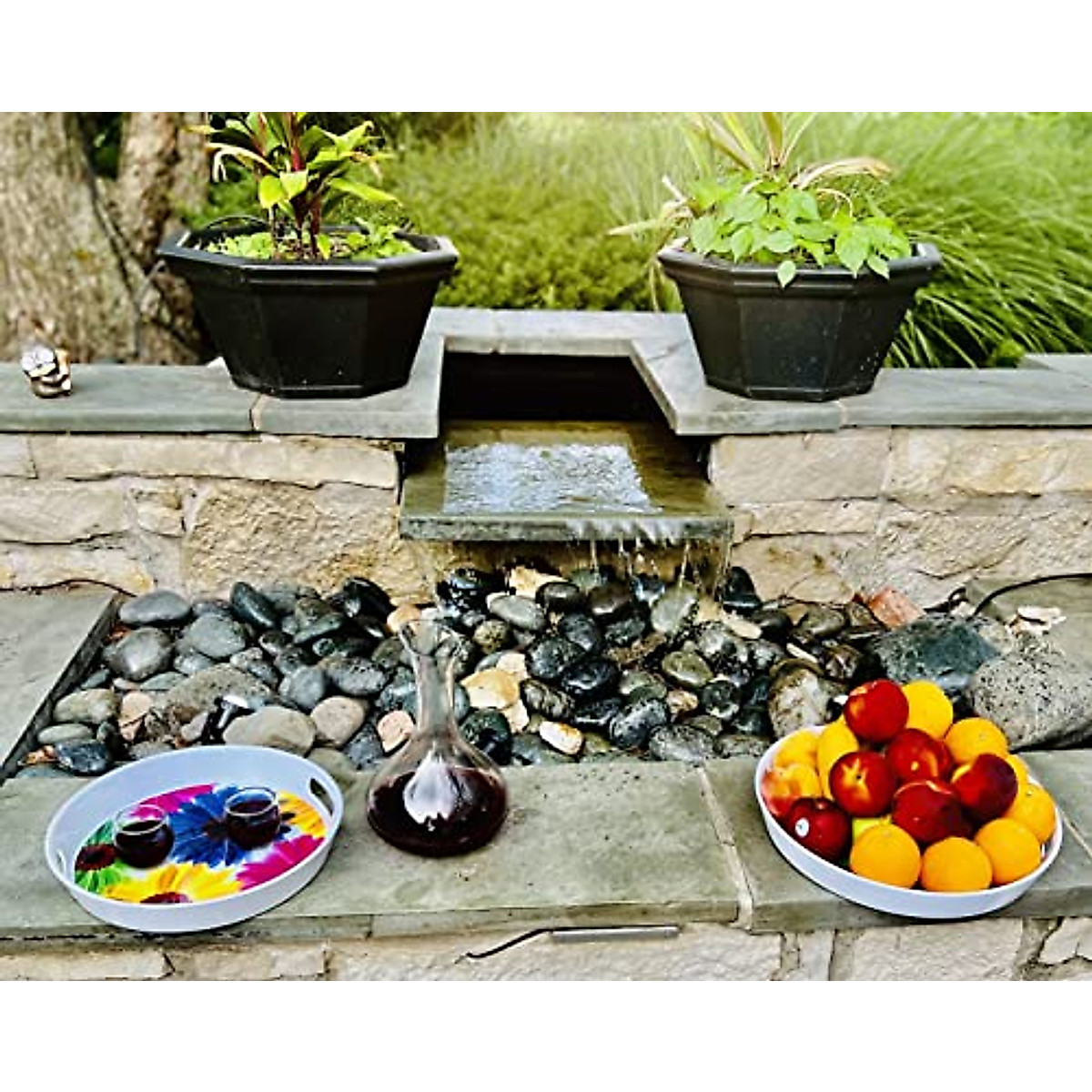 Christmas Serving Tray, Melamine Round Serving Tray Decorative Serving Tray for Tea, Drinks, Fruits in Size 13"/15"+ Free Serving Spoon (Flower-2pcs/set)