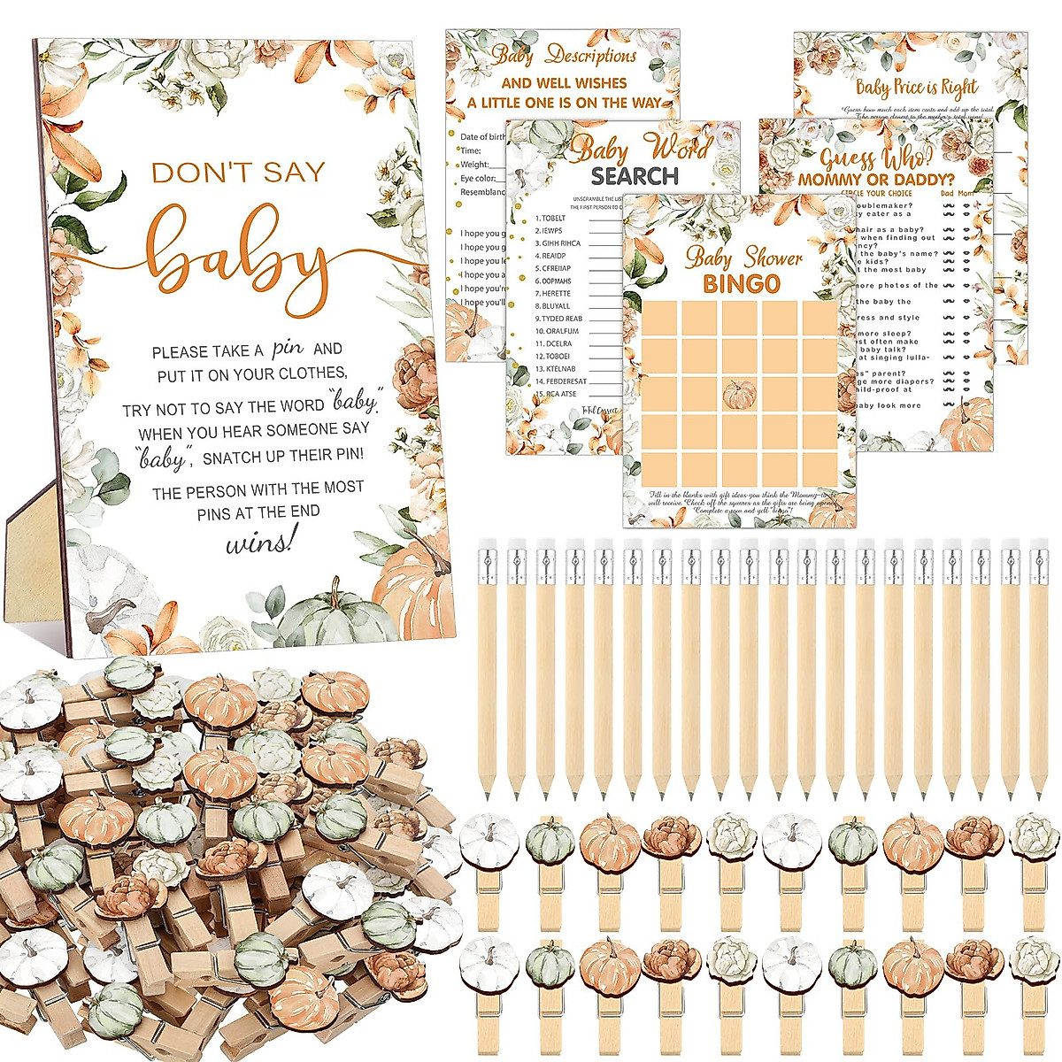 Patelai 321 Pcs Baby Shower Games Supplies, 5 Sets (50 Cards Each) Activities Cards with 20 Pencils 1 Don't Say Baby Sign 50 Clothespin(Little Pumpkin)