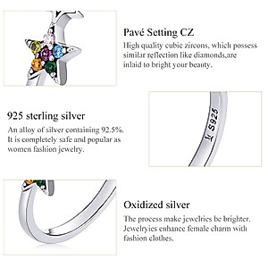 Qings Stars Ring 925 Sterling Silver Adjustable Rings for Women Colorful Zircon Open Ring Stackable Engagement Ring Gift for Women