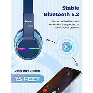 iClever BTH12 Kids Bluetooth Headphones,Colorful LED Lights Wireless Kids Headphones,74/85/94dB Volume Limited,55H Playtime,Bluetooth 5.2,Over Ear Headphones Built-in Mic for iPad/Tablet/Airplane,Blue