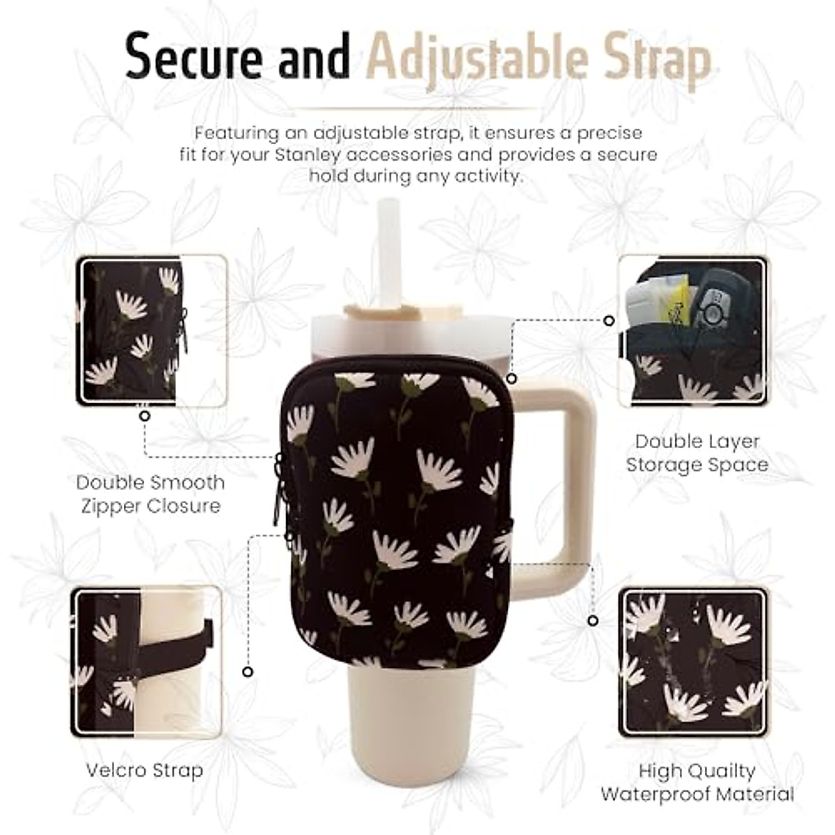 NOLI JUNE - Black Floral Neoprene Pouch for Stanley Quencher 18oz to 40oz - Adjustable Strap, Zipper Closure, Unisex Travel Accessory - Water Bottle Tumbler Carrier