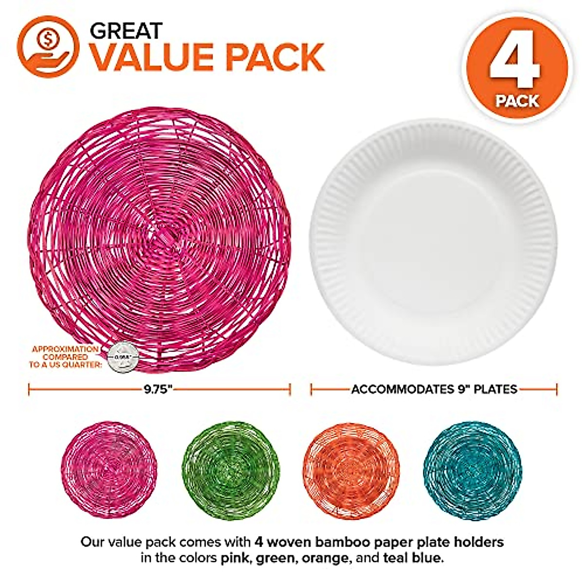 Stock Your Home 10-Inch Bamboo Paper Plate Holder (4 Count) - Heavy Duty Wicker Reusable Paper Plate Holders - Multicolor Charger Plates