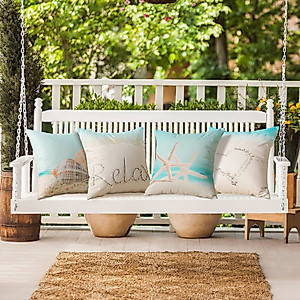 OTOSTAR Waterproof Summer Decorations Outdoor Throw Pillow Covers Linen Starfish Shell Pillow Covers Pack of 4 Square Cushion Case Garden Pillowcase 18x18 Inch for Patio Furniture Couch Tent (Beach)