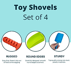 4E's Novelty 4 Pack Beach Shovels 8 Inch, Heavy Duty Plastic Sand Shovel for Kids, - Great for Planting Gardening Shovels for Toddlers, Outdoor Digging Sandbox Toys