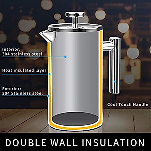 BINE French Press Coffee Maker, Stainless Steel 8 Cups 34oz Double-Wall Metal Insulated Coffee Tea Makers with 4 Level Filtration System, Rust-Free, Dishwasher Safe