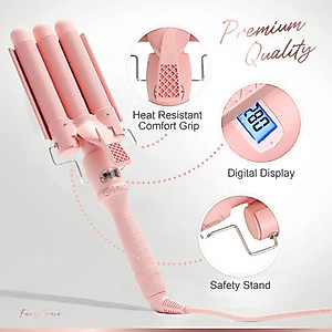 3 Barrel Curling Iron Wand - Triple Hair Waver & Crimper for Beach Waves Set, Ceramic Tourmaline with Adjustable Temperature - Beach Waver, Pink