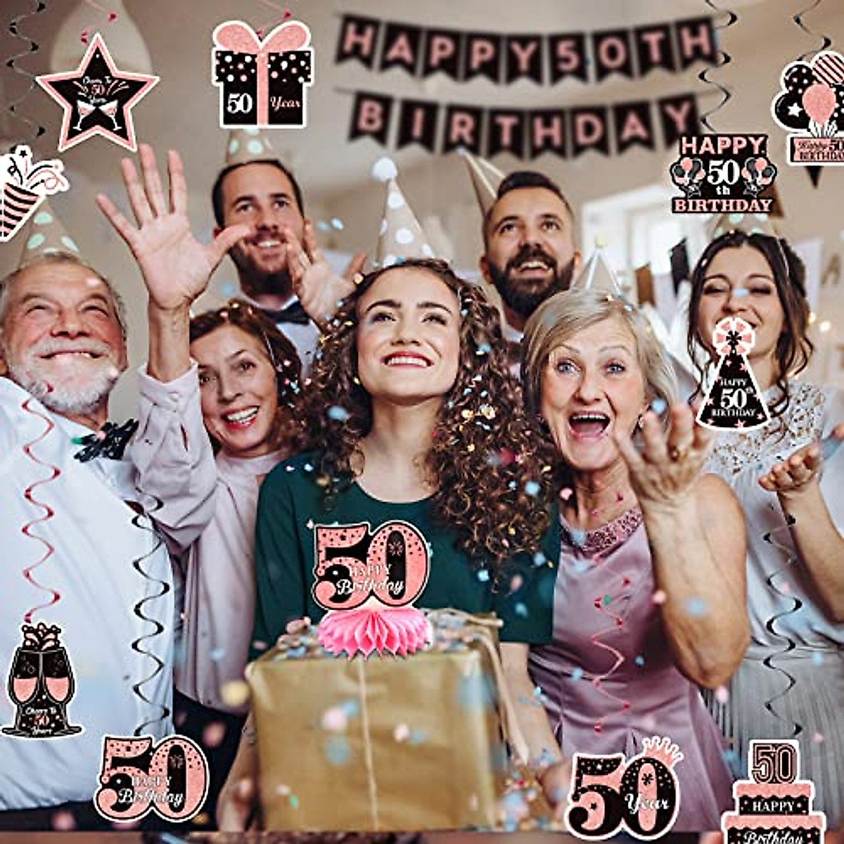 50th Glitter Rose Gold Birthday Banner Party Decorations, Happy 50th Birthday Decorations Hanging Swirls Banner Honeycomb Centerpieces for Women Happy 50 Years Old Bday Party