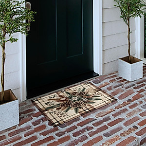 Ambesonne Christmas Doormat, Traditional Xmas Pinecone and Leaves Ornate on Plaid Background Print, Decorative Polyester Floor Mat with Non-Skid Backing, 30" X 18", Cocoa Brown Sage Green